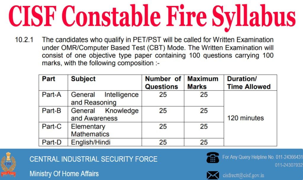 CISF Constable Fire Syllabus 2023 Exam Pattern PDF Download - All Jobs ...