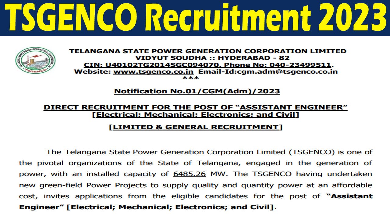 TSGENCO Assistant Engineer Recruitment 2023 Notification Released For ...