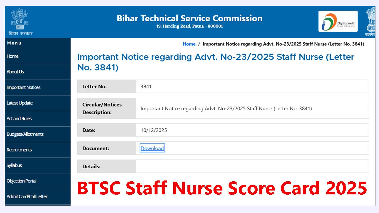 BTSC Staff Nurse Score Card 2025 Download, Bihar Staff Nurse Result ...